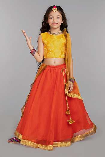 Buy Orange Poly Silk Embellished Ornamental Pattern Blouse Lehenga Set ...