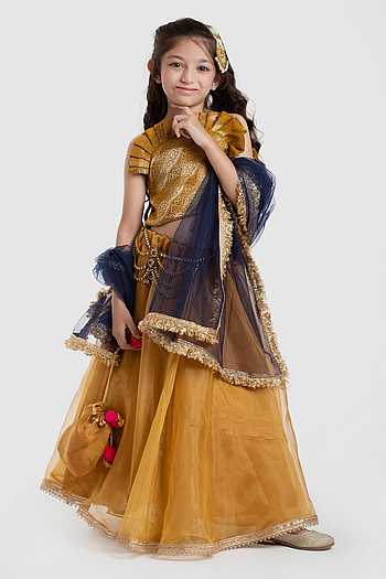 Buy Gold Poly Silk Embroidered And Pleated Flap Blouse Lehenga Set For ...