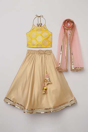 Buy Yellow Banarasi Embroidered Gold Foil Halter Neck Choli Lehenga Set ...