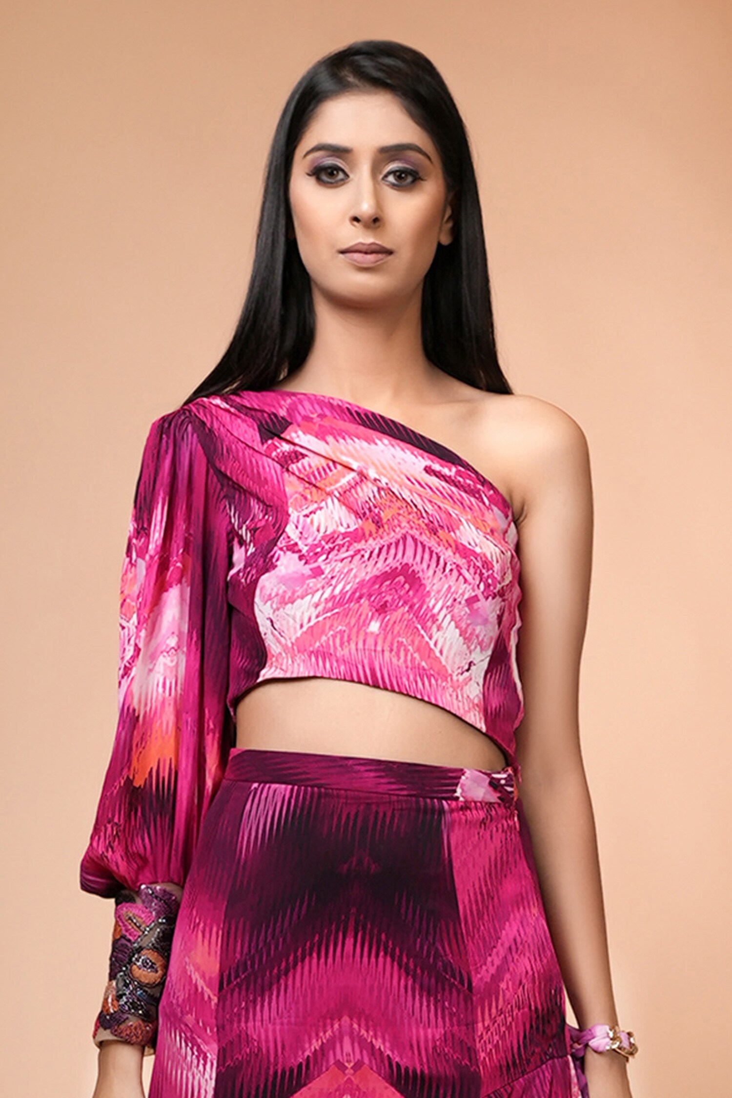 Buy Pink Double Georgette Asymmetric Puff Sleeve One Shoulder Top For ...