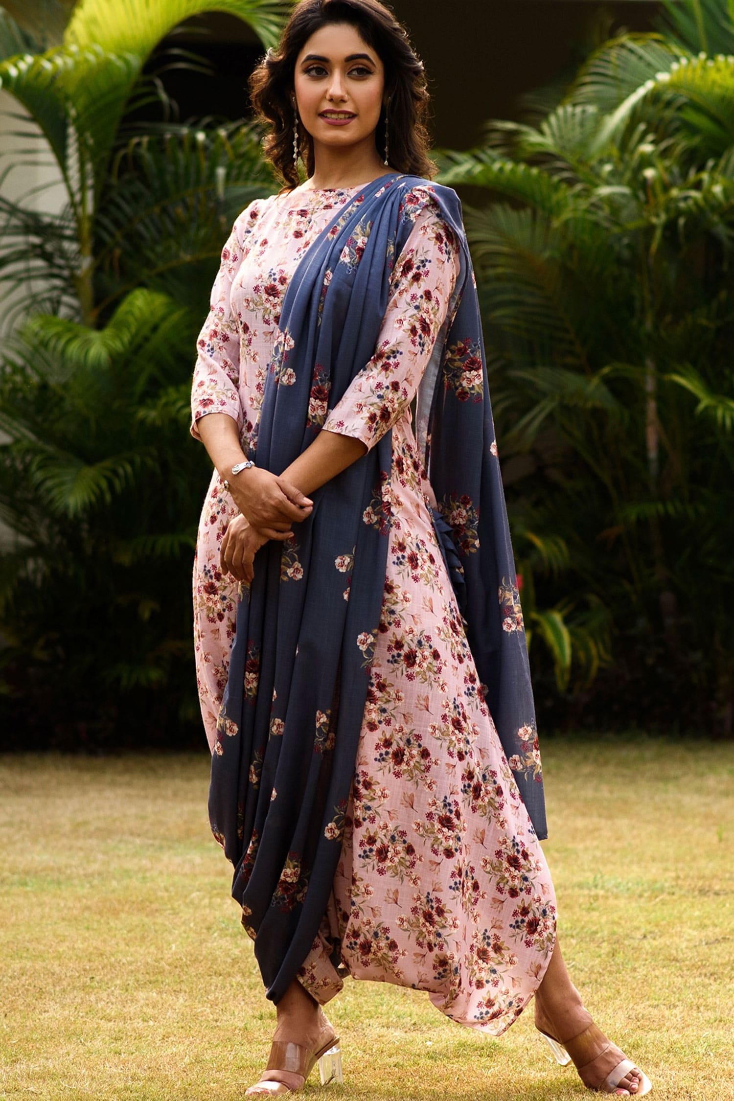 Buy Pink Linen Printed Floral Round Jumpsuit With Drape For Women by ...