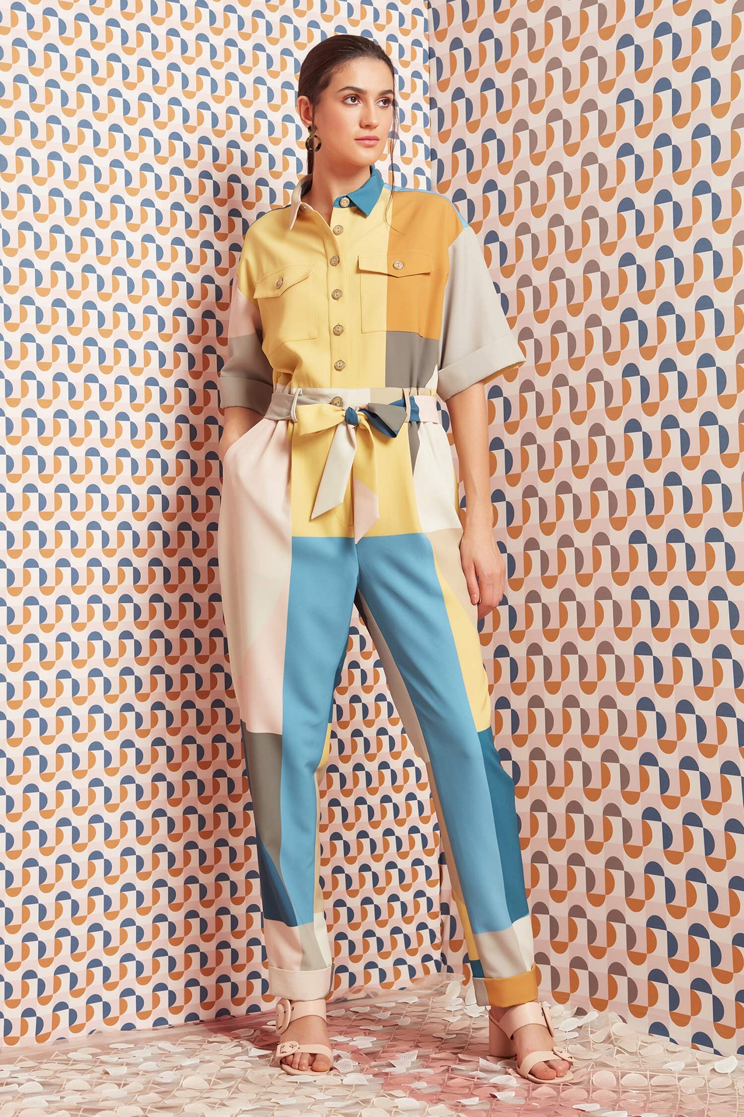 Buy Multi Color Polyester Spread Collar Colorblock Jumpsuit For Women