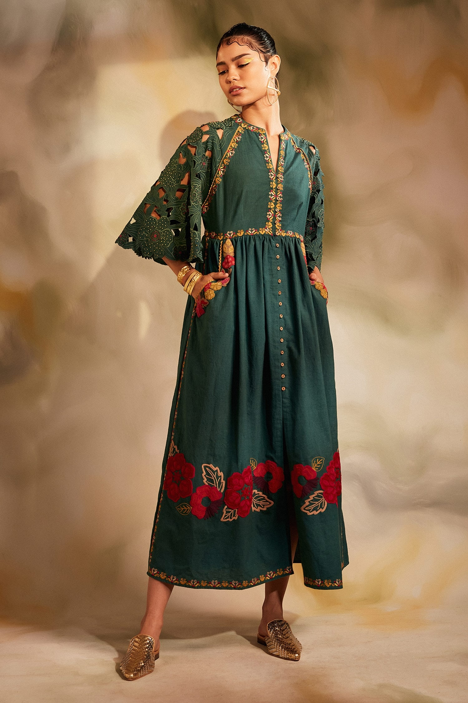 Buy Green Kala Cotton Embroidery Mandarin Collar Dress For Women by ...