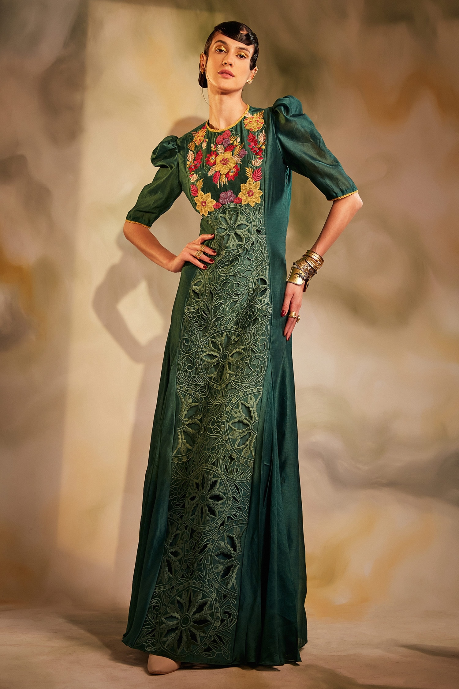 Buy Chandrima Green Chanderi Cutwork Gown Online | Aza Fashions