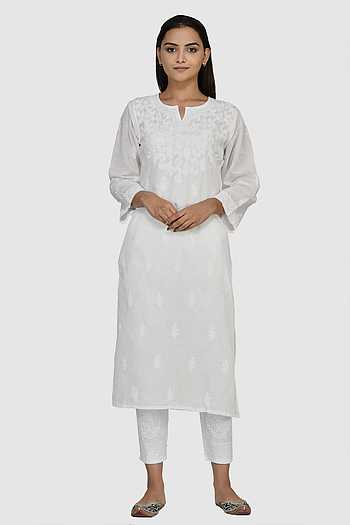 Buy The Chikankarists White Hand Embroidered Chikankari Cotton Kurta ...