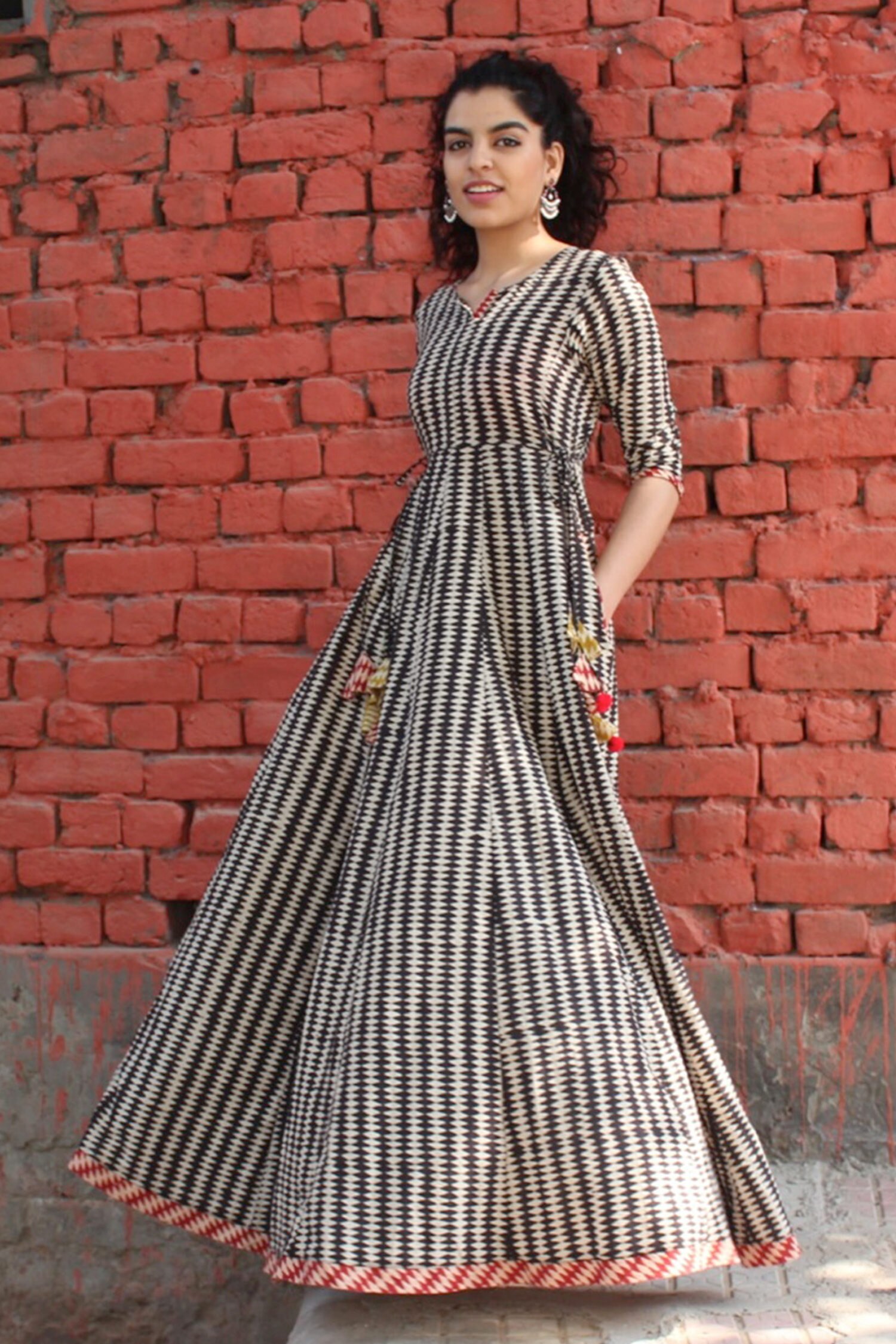 Buy Black Cotton Round Block Print Anarkali For Women by Charkhee ...