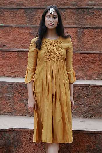 Buy Yellow Silk Round Smocked Tunic For Women by Chambray & Co. Online ...