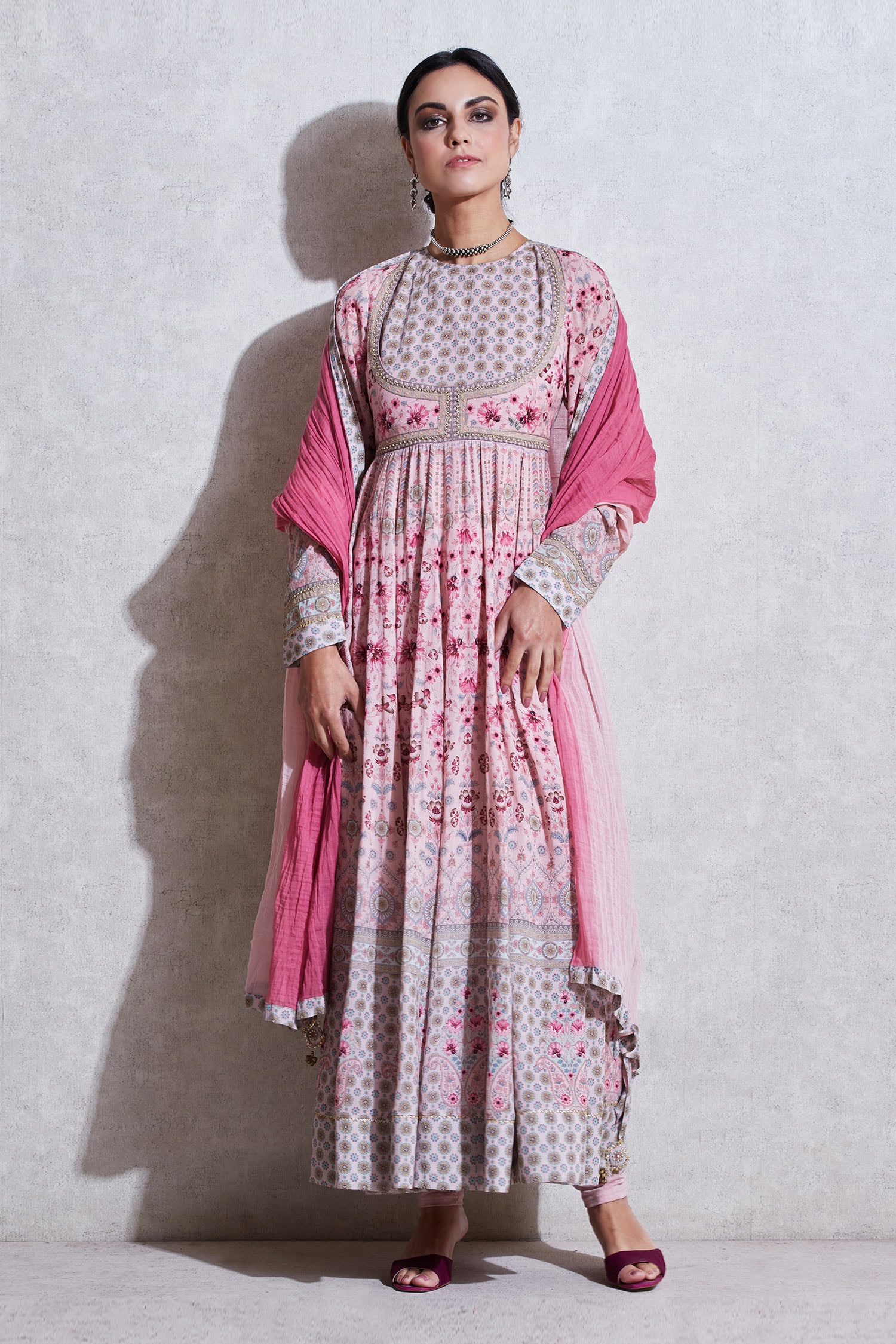 Buy Pink 55% Viscose 45% Cotton Round Floral Print Anarkali Set For ...