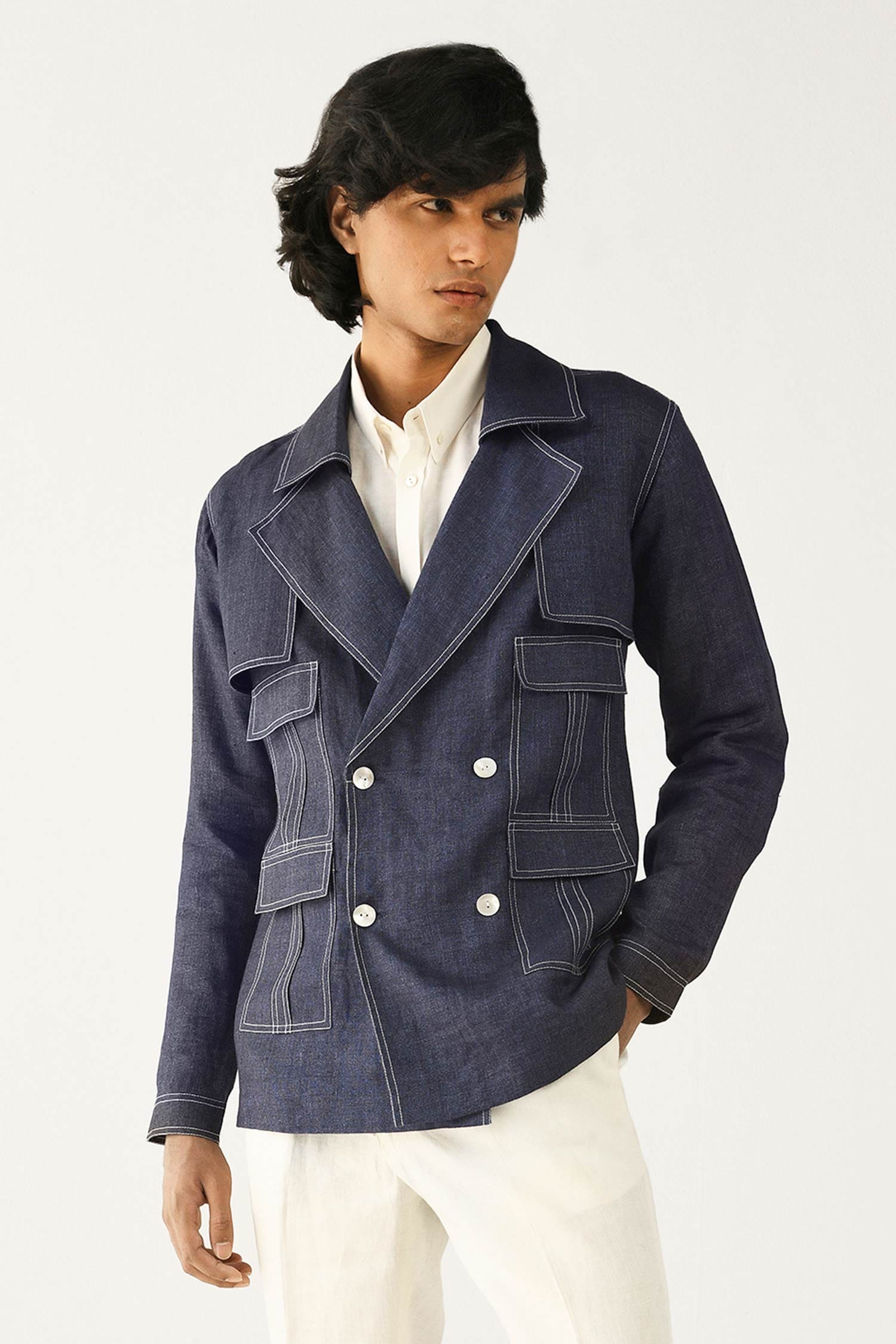 Buy Countrymade Blue Linen Cropped Trench Jacket Online | Aza Fashions