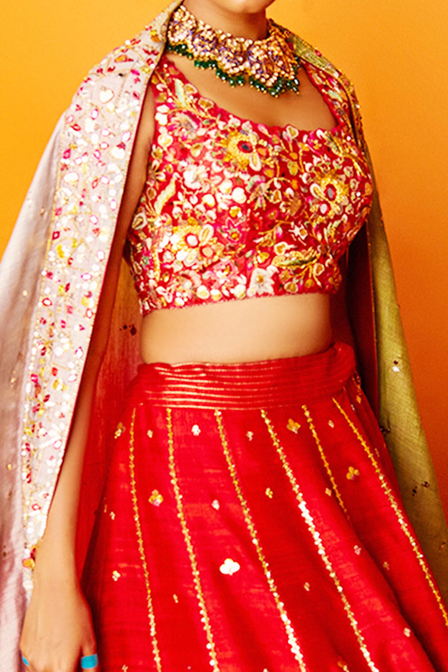 Buy Loka by Veerali Raveshia Orange Chanderi Silk Gauri Lehenga Set ...