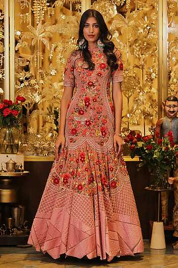 Buy Sahil Kochhar Pink Net Nausheen Flower And Bird Embroidered Gown ...
