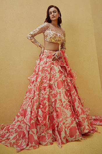 Buy Beige Blouse: Tulle Embroidered 3d Coralie Organza Ruffle Lehenga ...