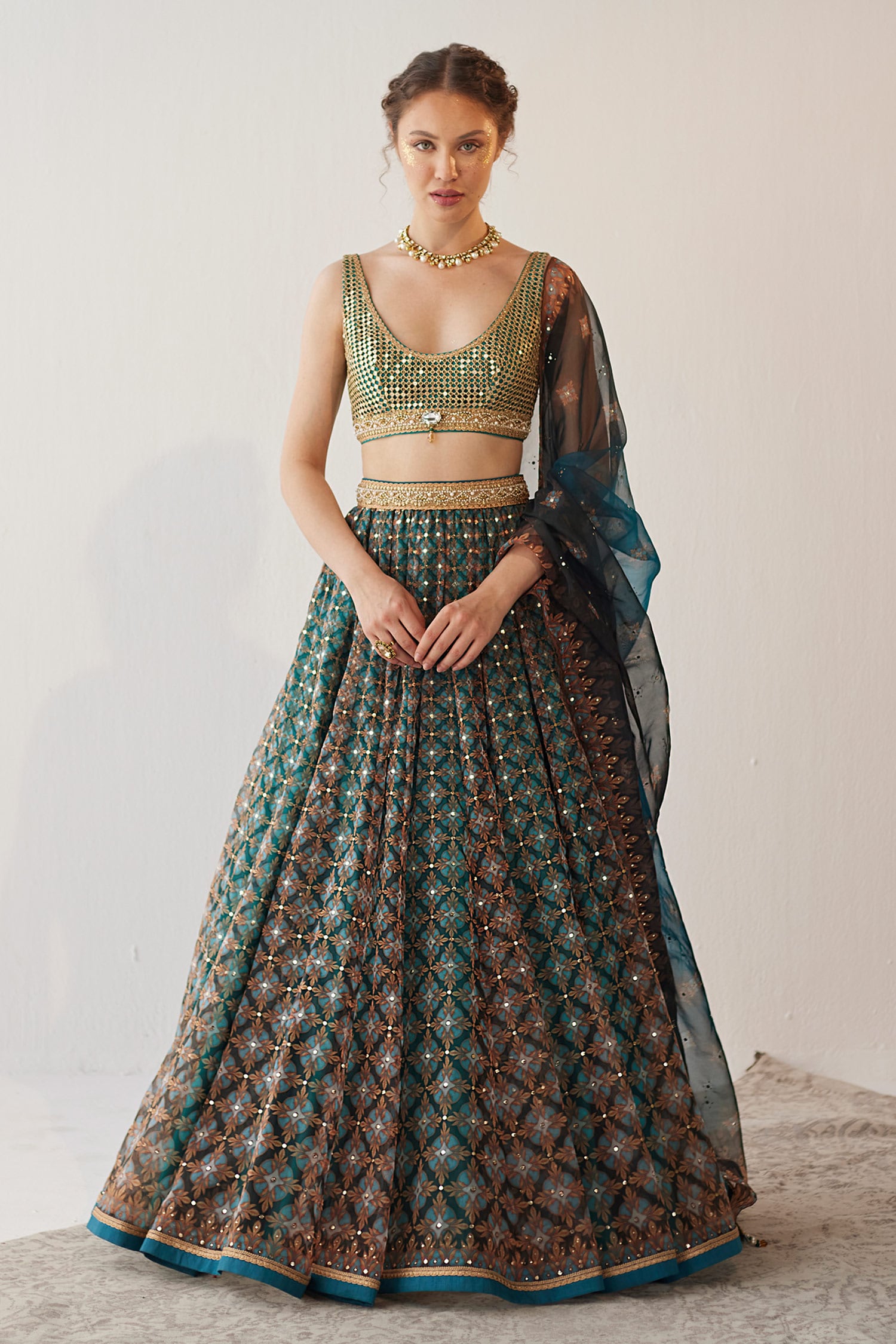 Buy Blue Sequin Fabric Printed Jewel Scoop Organza Lehenga Set For