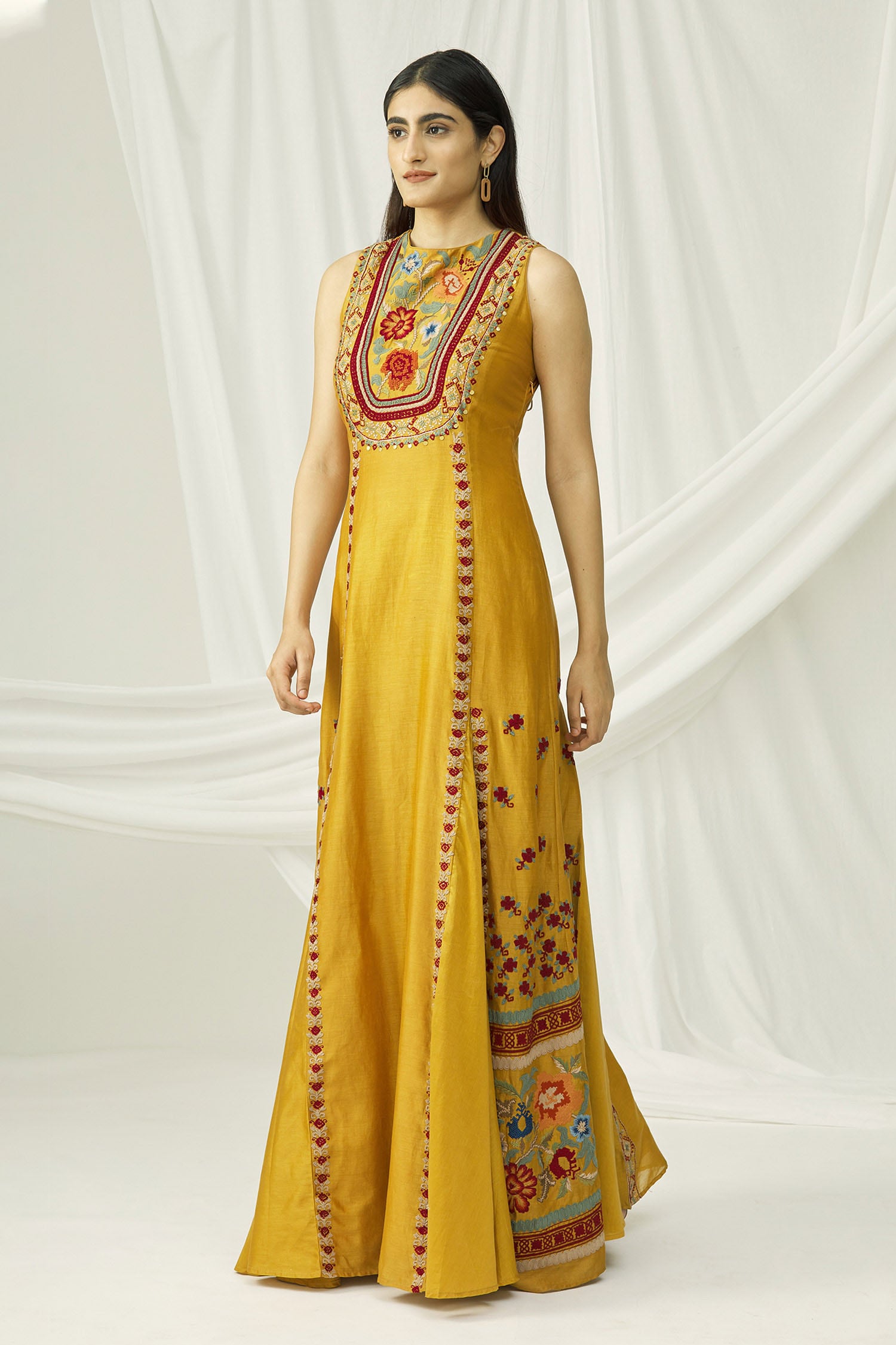 Buy Yellow Chanderi Round Maxi Dress For Women by Chandrima Online at ...