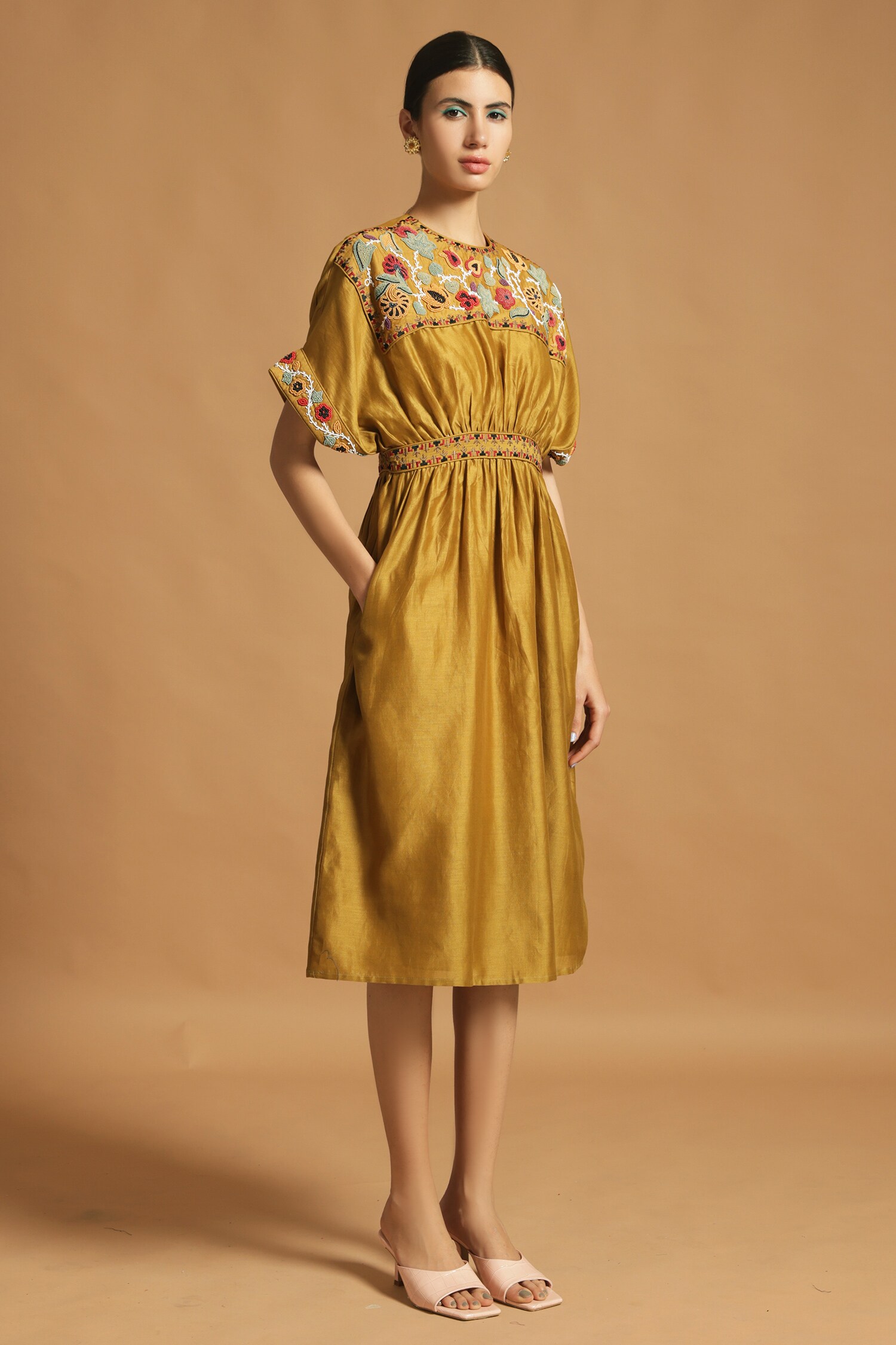 Buy Chandrima Yellow Chanderi Midi Dress Online | Aza Fashions
