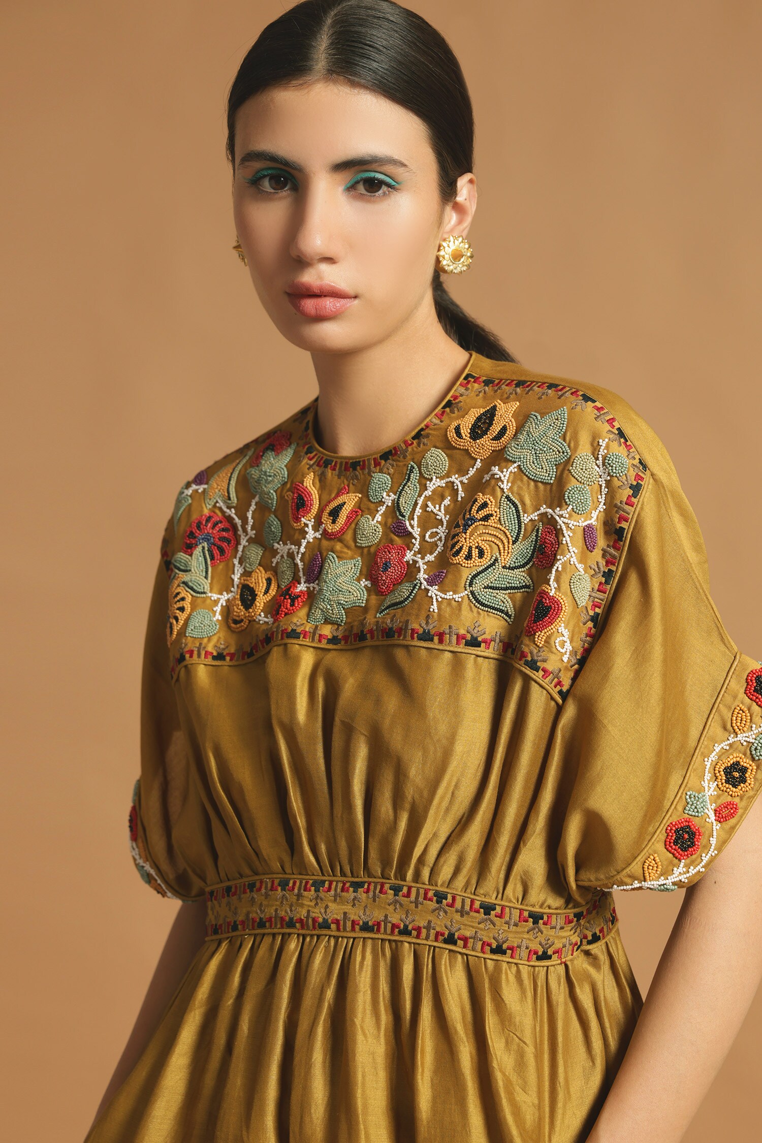 Buy Chandrima Yellow Chanderi Midi Dress Online | Aza Fashions