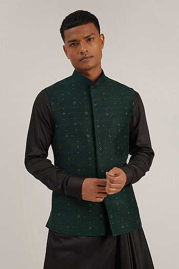 Buy Green Silk Embroidered Metal Jawahar Jacket For Men by Dhruv Vaish ...