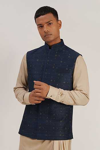 Buy Blue Silk Embroidered Metal Jawahar Jacket For Men by Dhruv Vaish ...