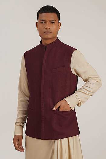 Buy Dhruv Vaish Purple Textured Cotton Silk High Neck Jawahar Jacket ...