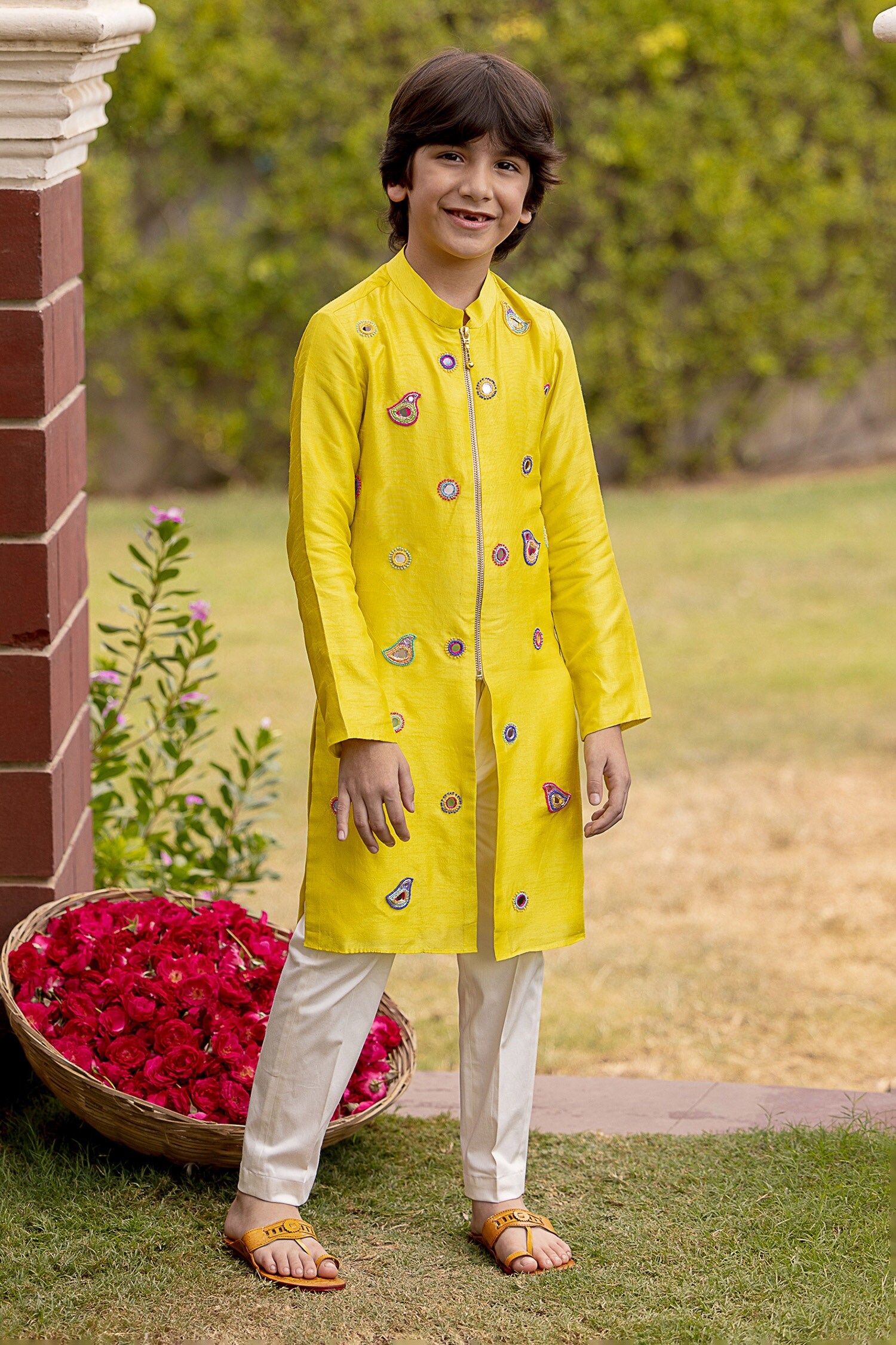 Buy Green Kurta Silk Blend Embroidered Mirror And Bead Jugnu Jacket Set ...