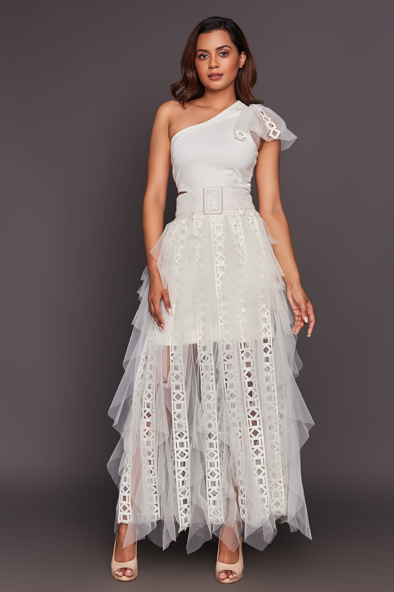 Buy White Roma Embroidered Sequins One Shoulder Ruffle Gown With Belt ...