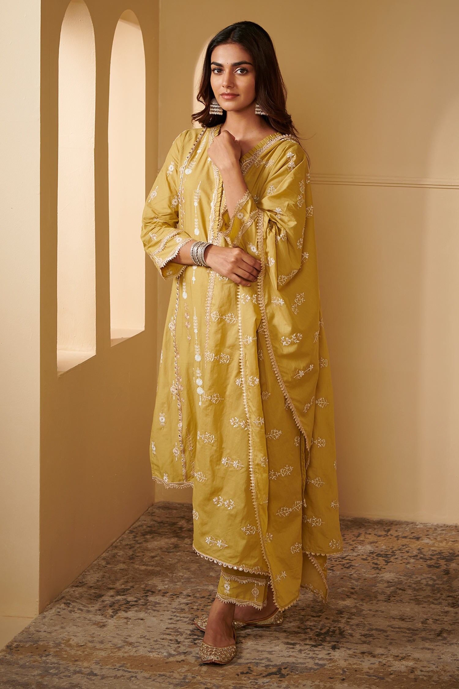 Buy Green 100% Pure Mulmul Embroidered Lace V Neck Beki Kurta Pant Set ...