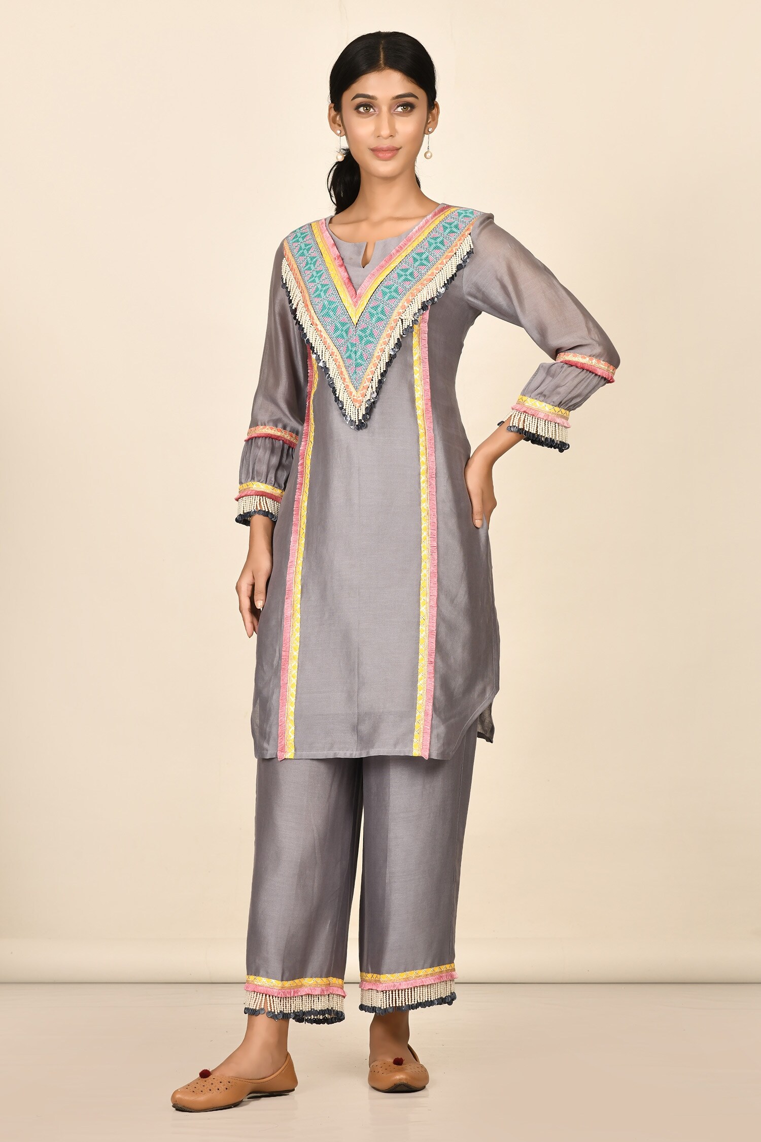 Buy Khwaab by Sanjana Lakhani Grey Silk Chanderi Embellished Kurta And ... Buy Khwaab by Sanjana Lakhani Grey Silk Chanderi Embellished Kurta And ...