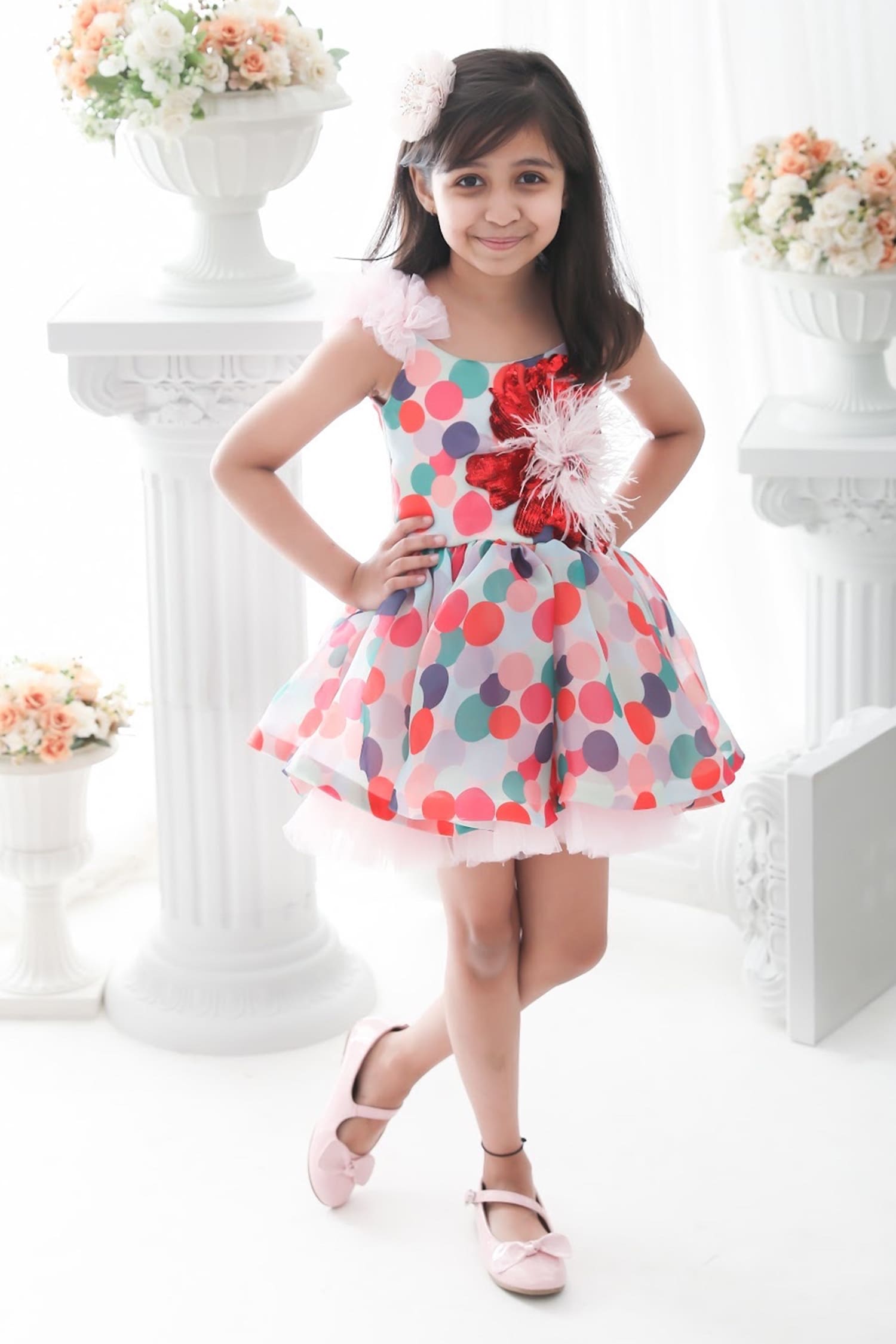 Buy Multi Color Tulle And Organza Print & Embroidery Polka Dot & Dress ...