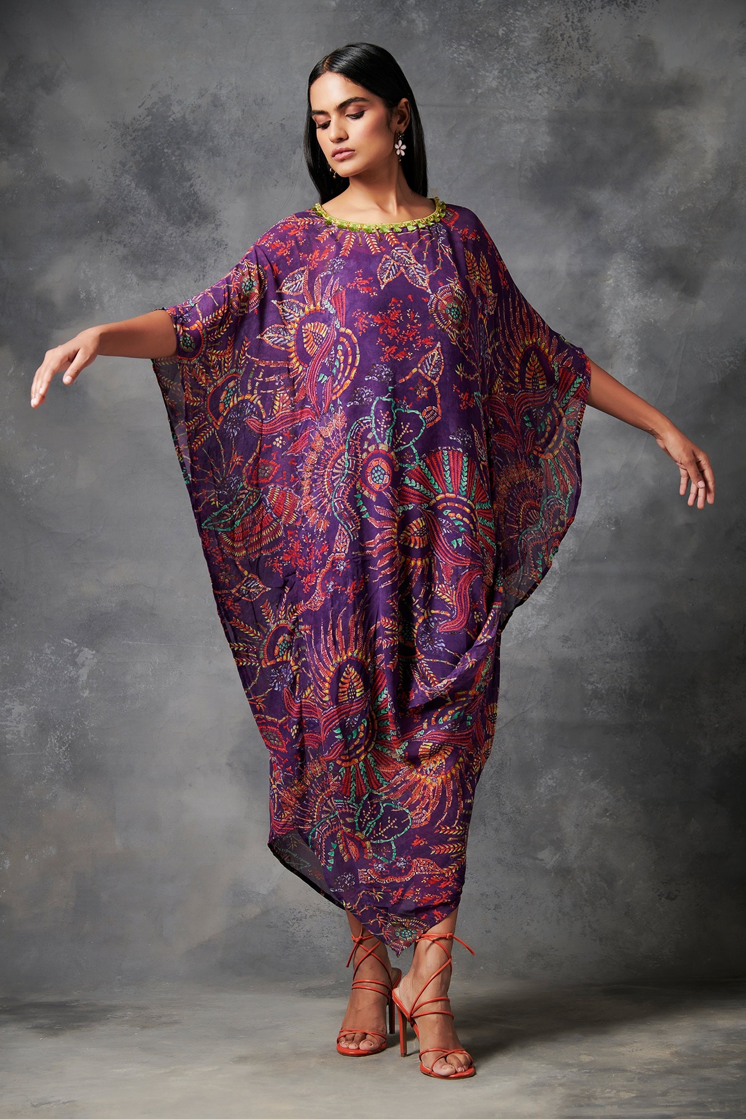 Buy Purple Viscose Georgette Printed And Embroidered Marine Plant Darkha Kaftan For Women by ...