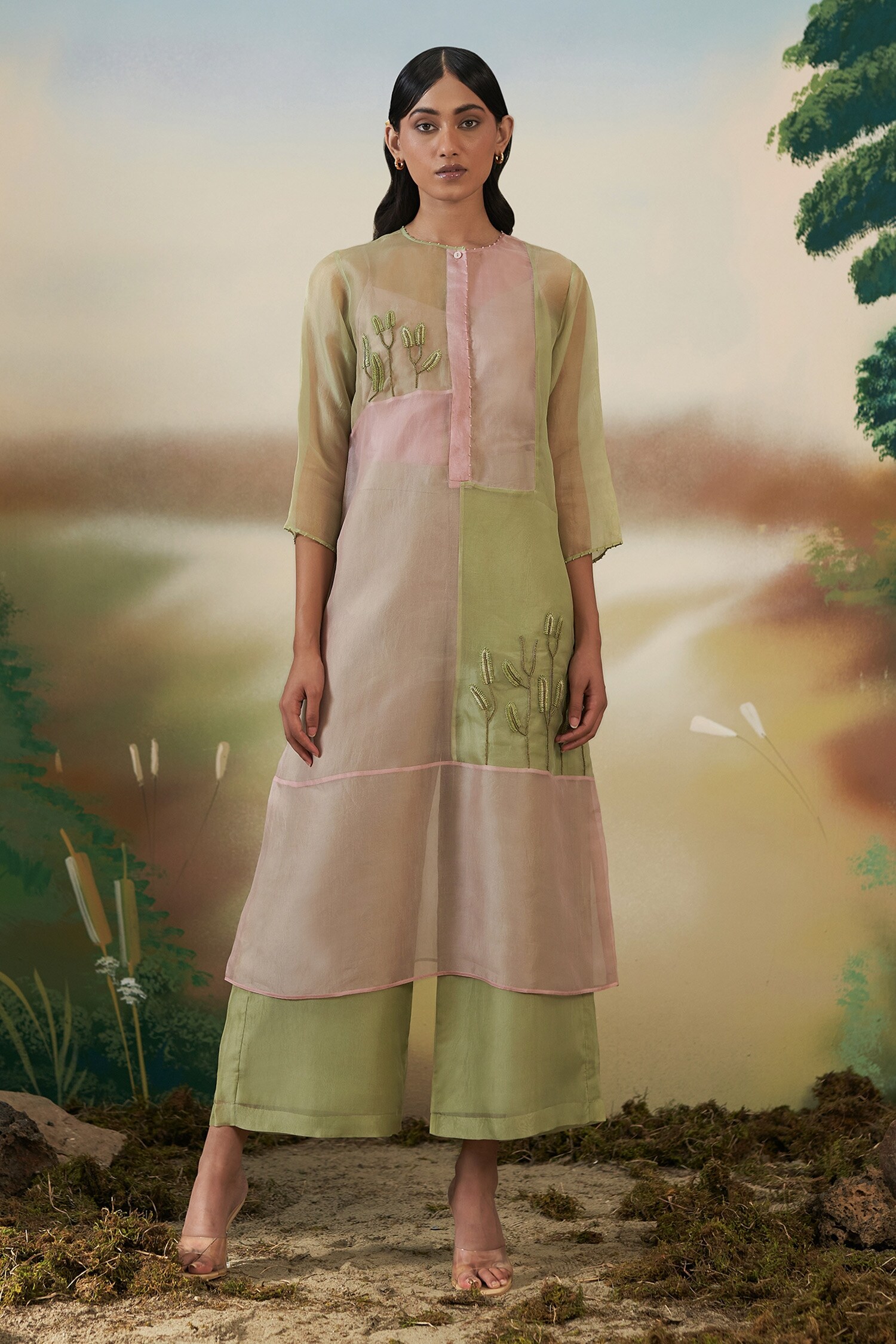 Buy Green Silk Organza Embroidered Shrub Round Colorblock Tunic For ...