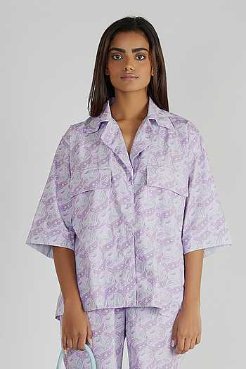 Buy Purple Cotton Lapel Peak Printed Shirt For Women by Deme by ...