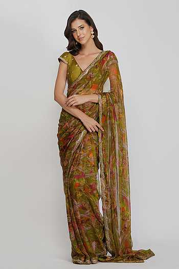 Buy Green Viscose Chiffon Embroidery V Neck Printed Saree With Blouse ...