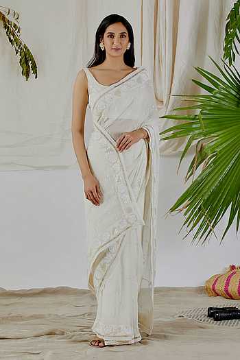 Buy White Saree: Double Georgette; Blouse: Embroidered For Women by ...