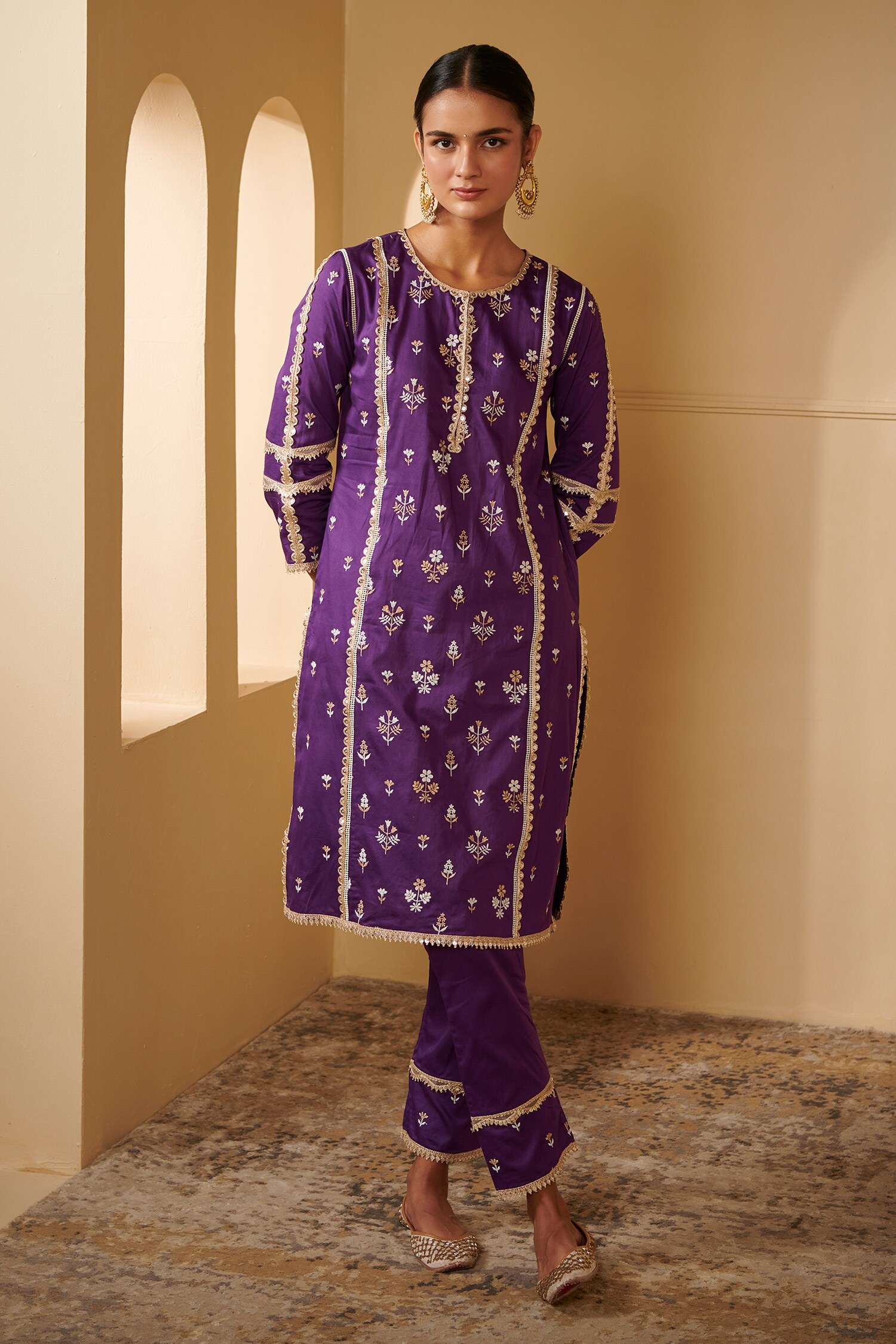 Buy Mulmul Purple Pure Mulmul Kaveri Embroidered Kurta And Pant Set ...