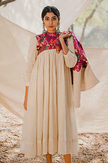 Buy Pooja-Keyur White Handloom Cotton Patchwork Dress Online | Aza Fashions