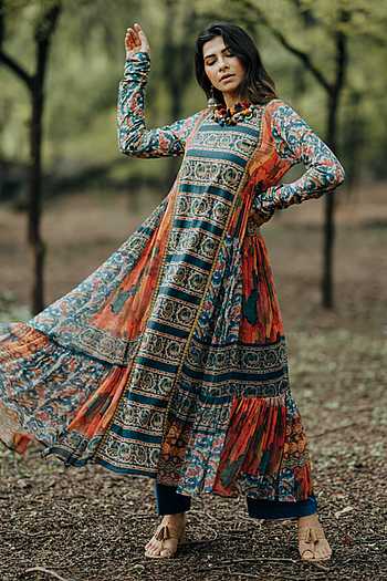 Buy Pooja-Keyur Multi Color Handloom Cotton Printed Anarkali And Pant ...