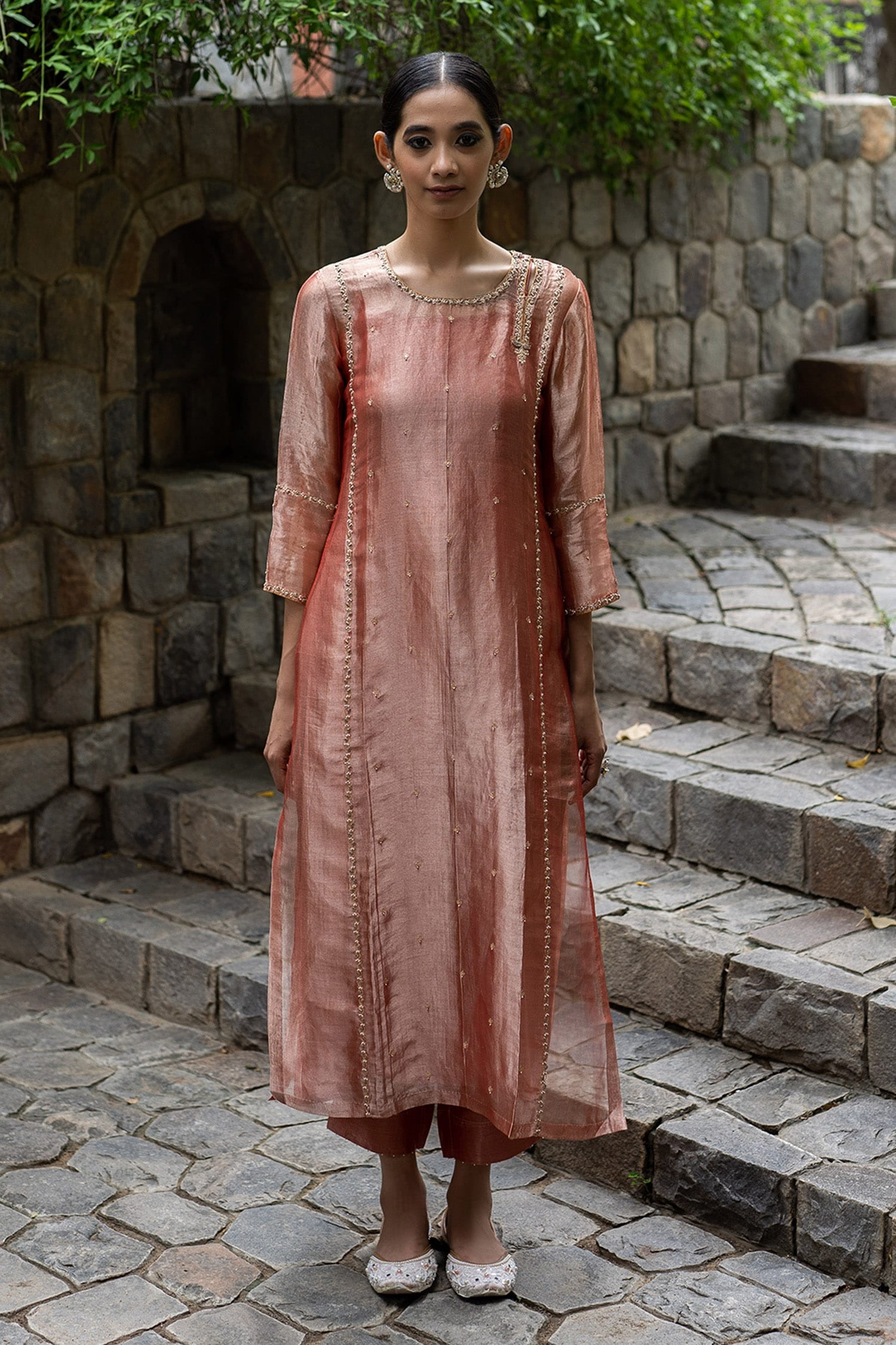 Buy Pink Tissue Silk Embroidery Zardozi And Sequins Round Kurta & Pant Set For Women by Deep ...