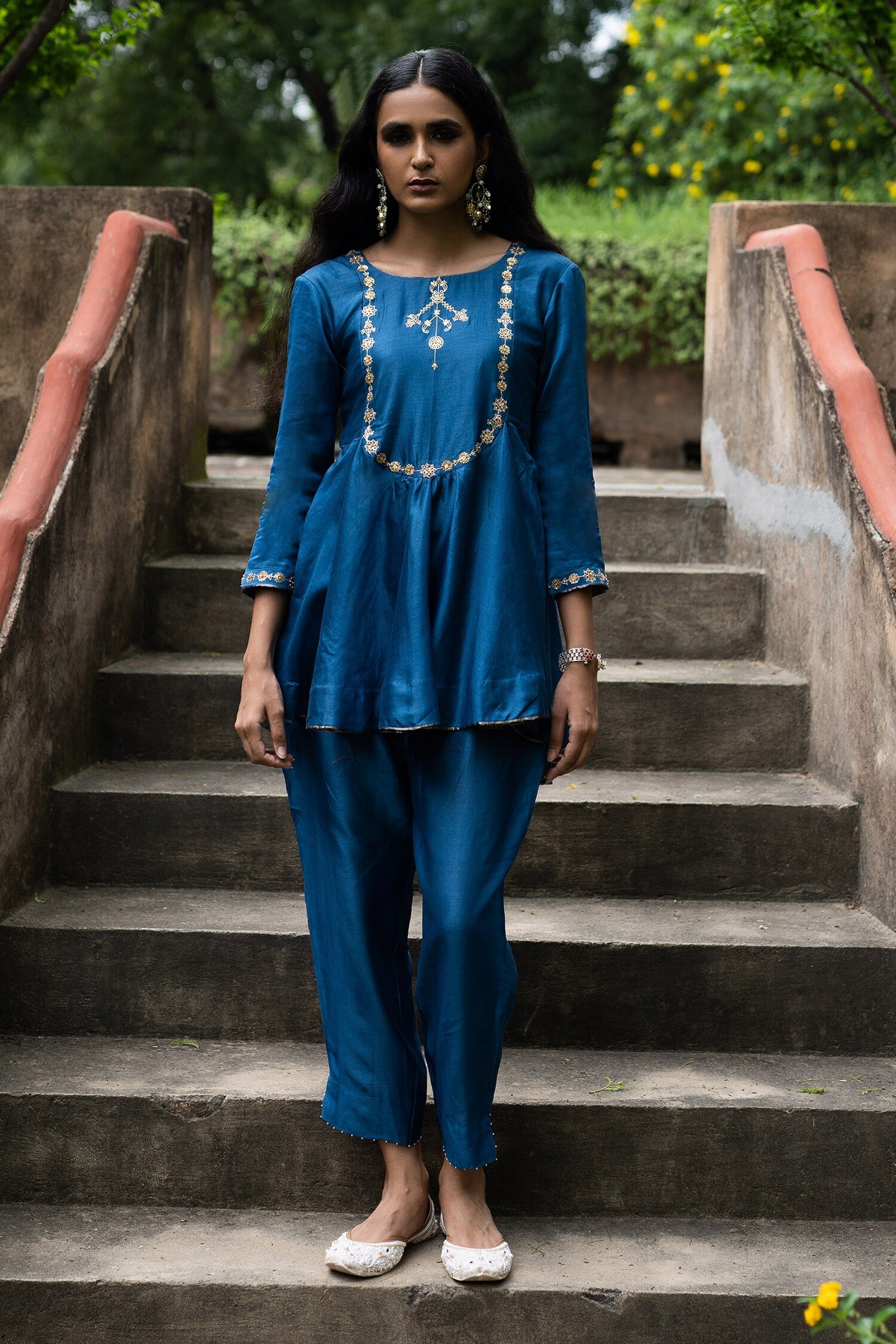 Buy Blue Chanderi Embroidery Floral Round Peplum Tunic And Pant Set For ...