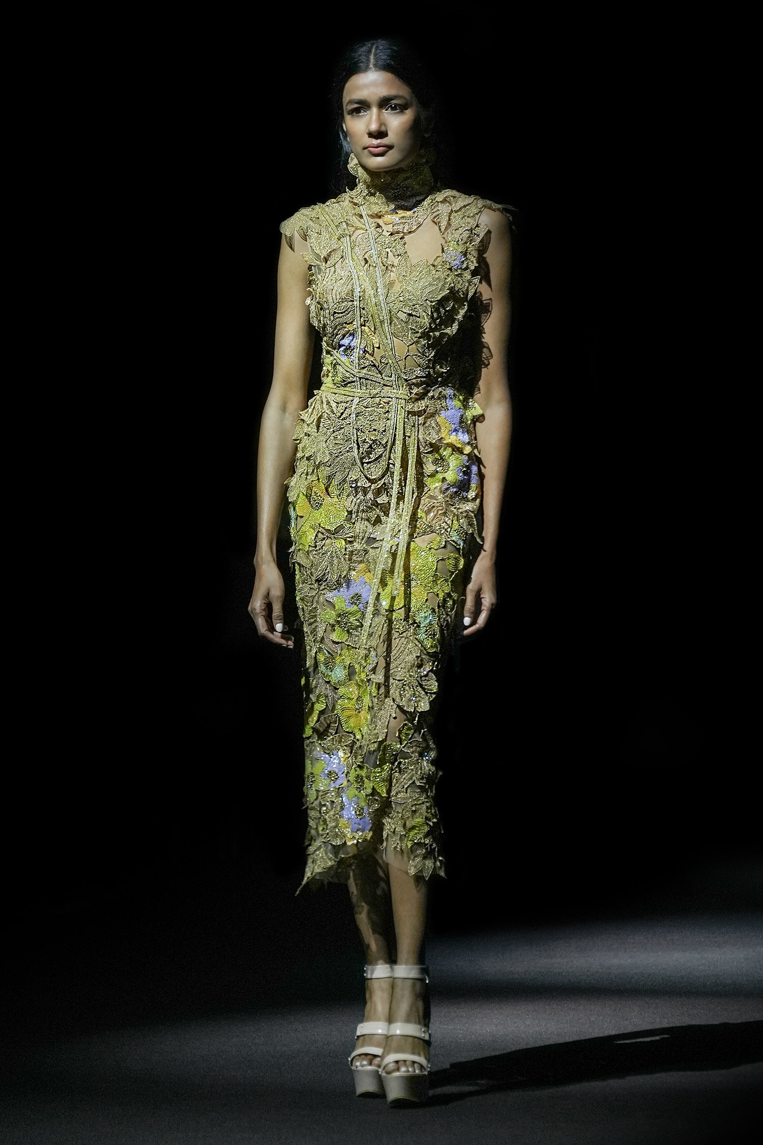 Buy Beige Net Embellished And Embroidered Metallic Katana Work & Glass ...