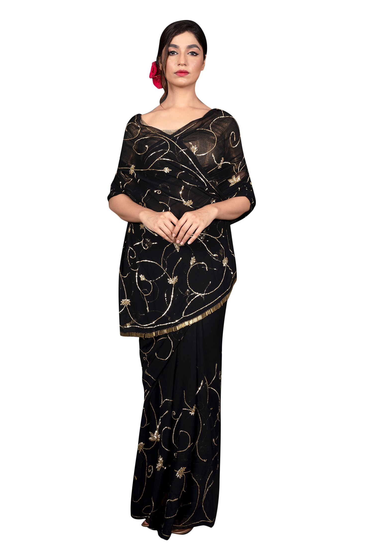 Buy Ruar India Black Chiffon Embroidered Saree With Blouse Online | Aza ...