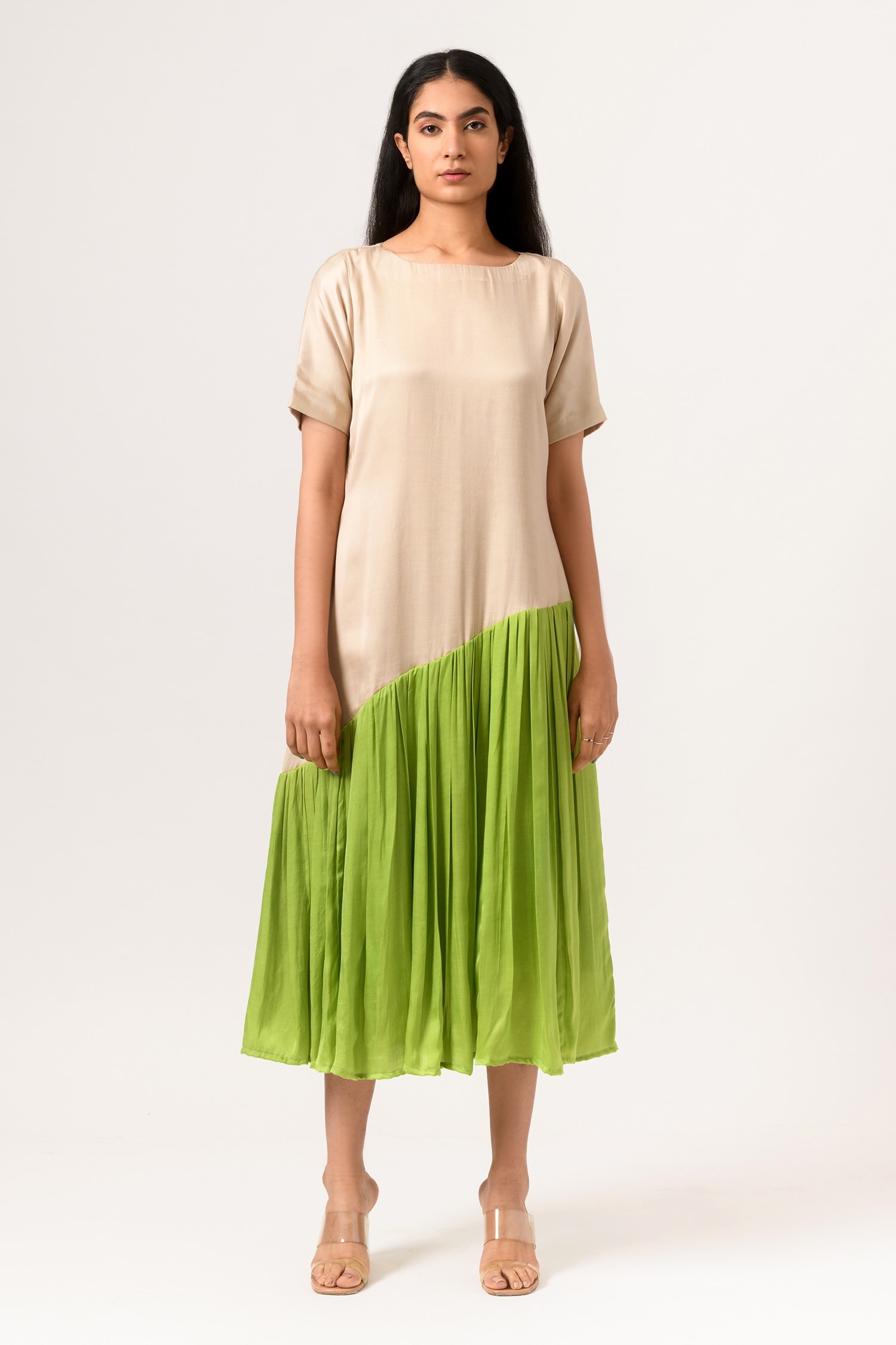 Buy Beige Sustainable Silk Plain Straight Color Block Dress For Women ...