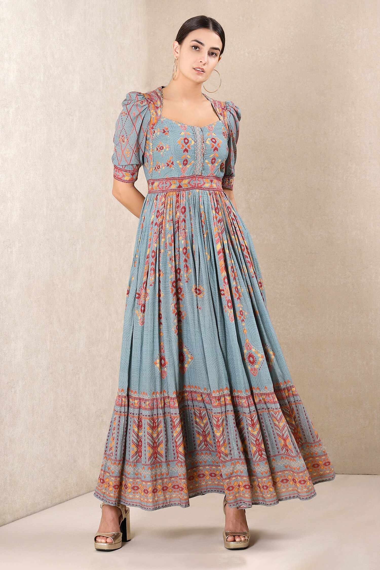 Buy Blue Cotton Viscose Embroidery V Neck Printed Dress For Women by ...