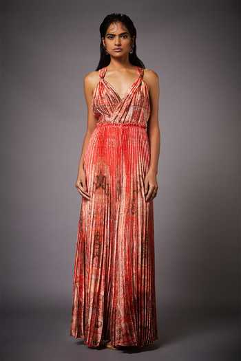 Buy Orange Polyester Halter Pleated Gown For Women by RI.Ritu Kumar ...