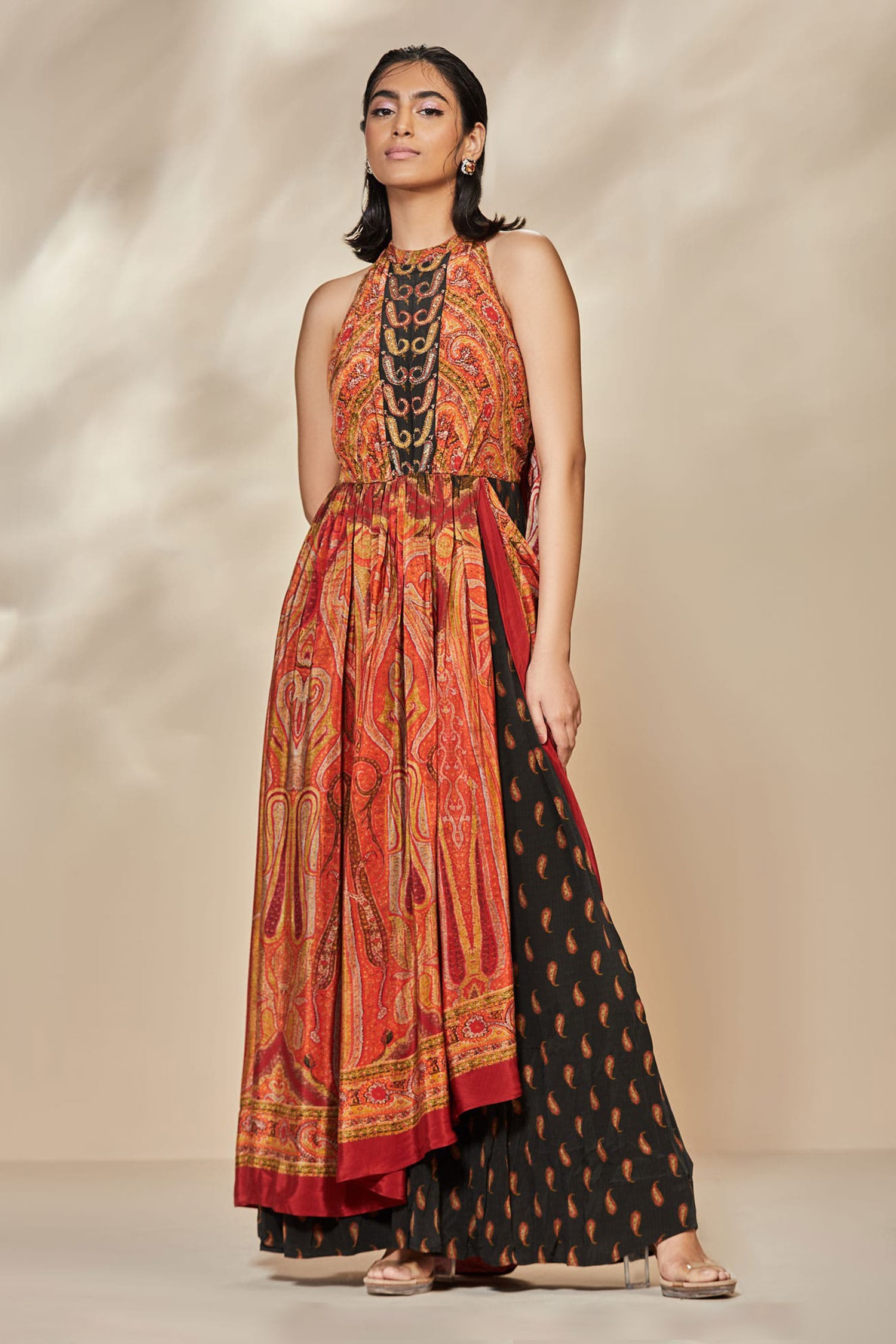 Buy Red Rayon Crepe Halter Layered Printed Dress For Women by RI.Ritu ...