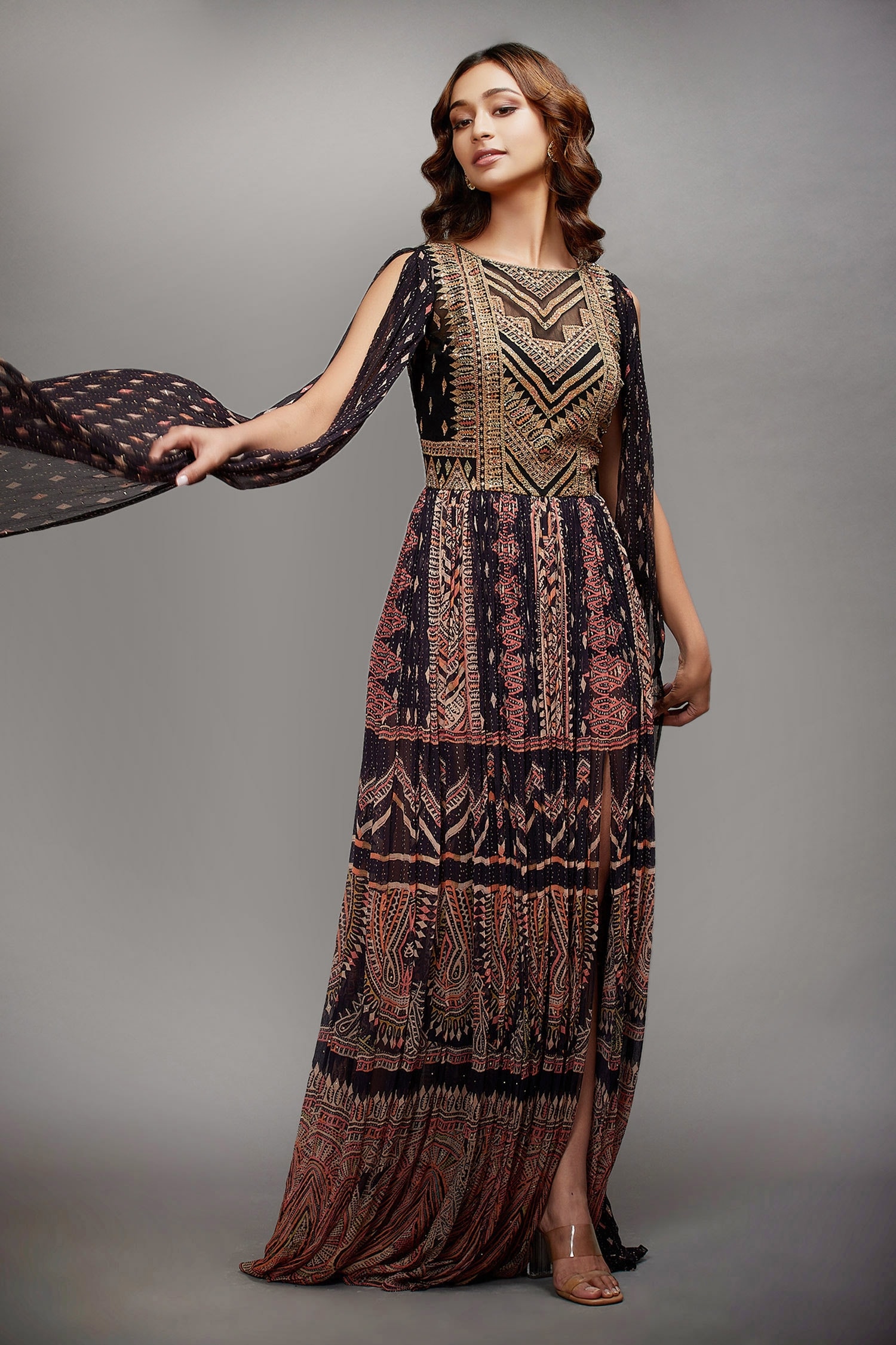 Buy RI.Ritu Kumar Black Viscose Embroidered Draped Slit Gown Online ...