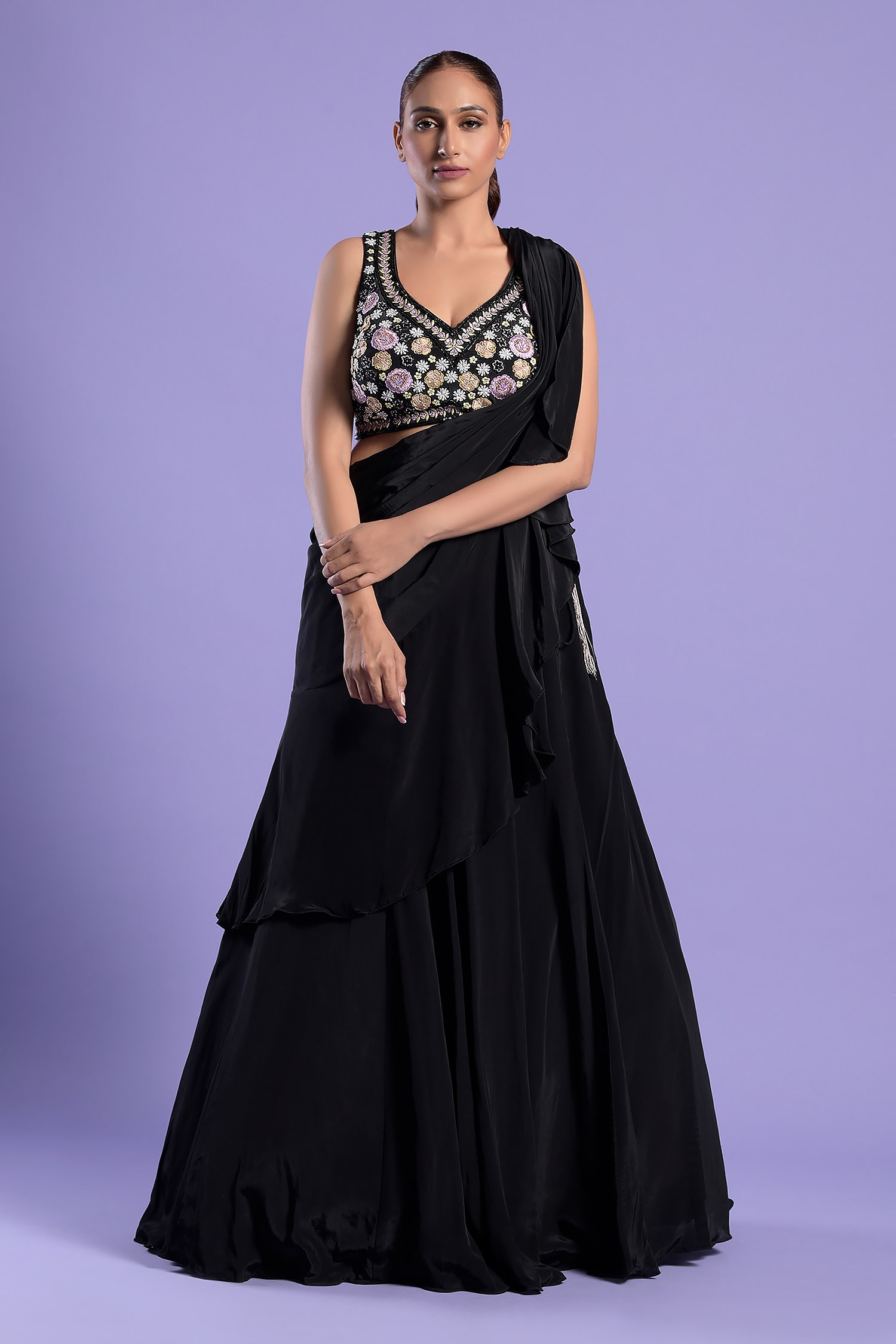 Buy Black Crepe Embroidered Resham V Neck Blouse And Lehenga Saree Set ...