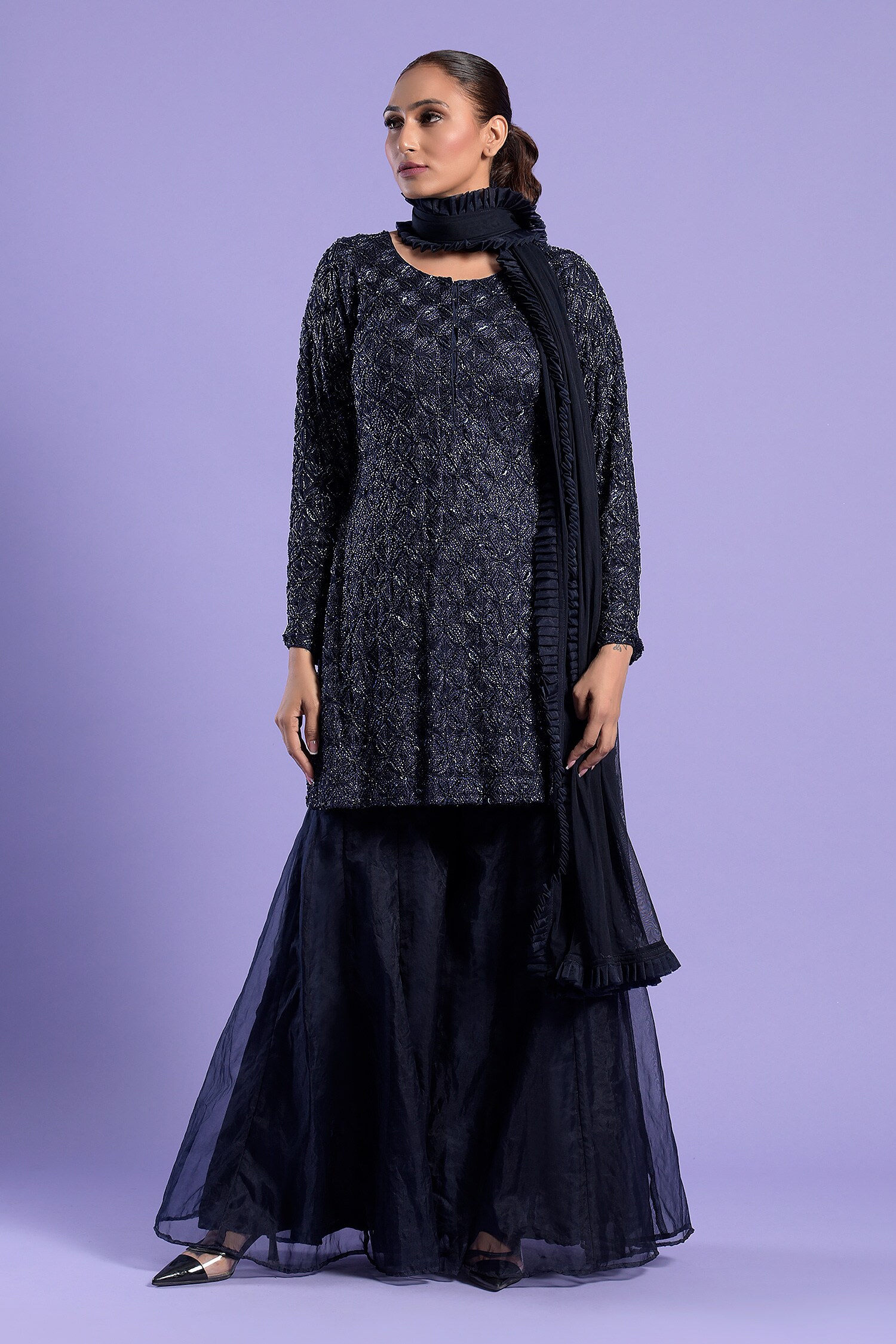 Buy Blue Net Embroidered Sequin And Cutdana Work Round Kurta Gharara ...