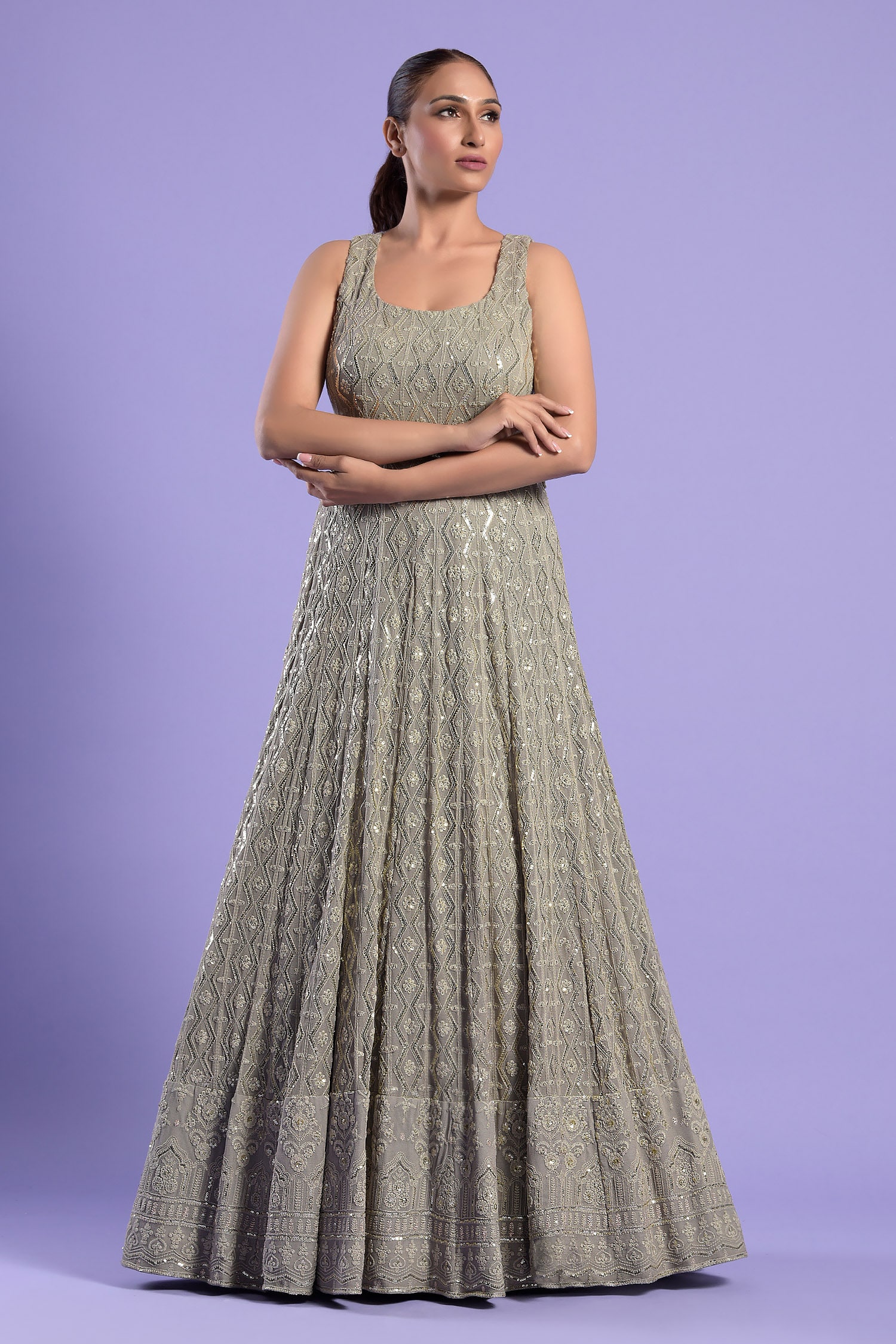 Buy Grey Embroidered Resham And Sequin Work U Neck Floral Gown For ...