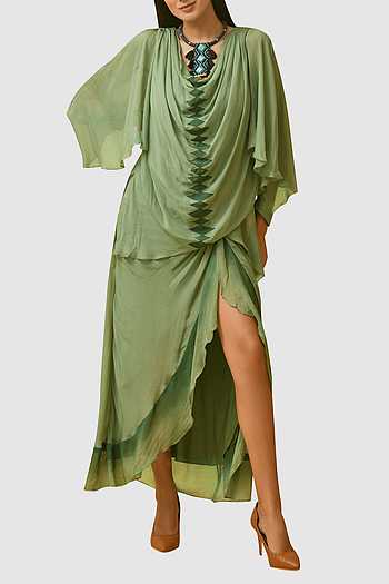 Buy Malini Ramani Green Flat Chiffon Draped Midi Dress Online | Aza ...