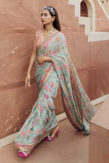 Buy Blue Saree Georgette And Embroidery Jungle With Blouse For Women by ...